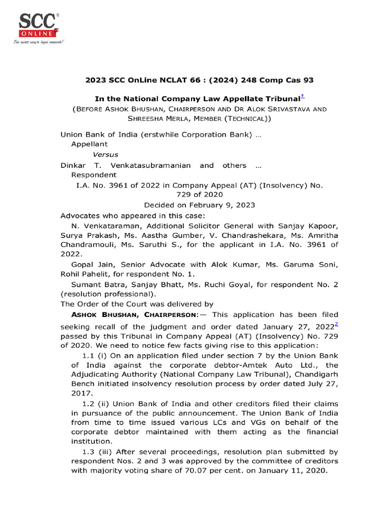 Union Bank of India v. Dinkar T. Venkatasubramanian, 2023 SCC OnLine NCLAT 66 | PDF
