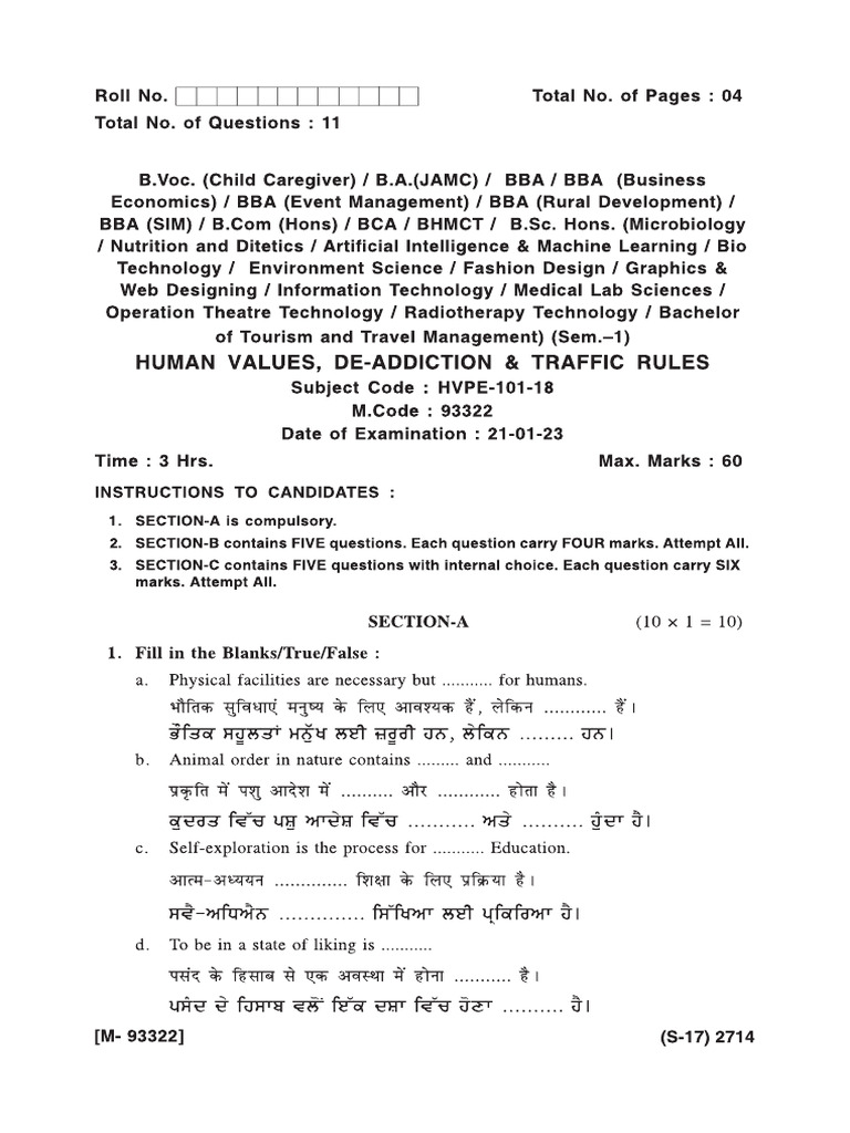 Bvoc Bba Bca Bcom BSC 1 Sem Human Values de Addiction and Traffic Rules 93322 Jan 2023 | PDF