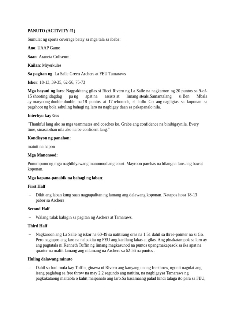 Pagsulat NG Balitang Isports-Activity 1 and 3 | PDF