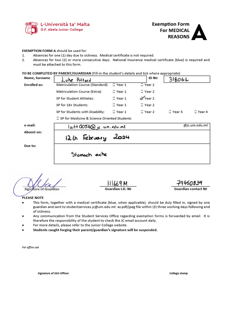 Junior College Absence Exemption Form | PDF