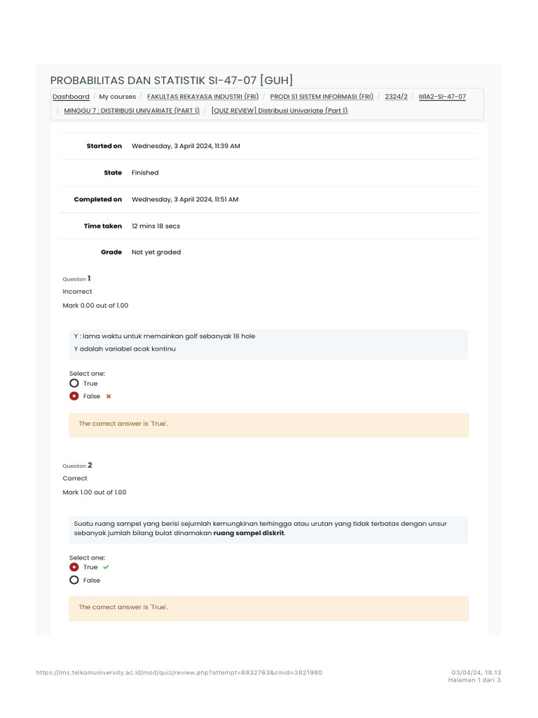 [QUIZ REVIEW] Distribusi Univariate (Part 1)- Attempt Review | PDF