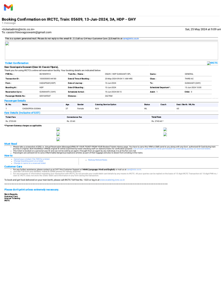 HDP Guwahati SPL Ticket Confirmation | PDF | Service Industries