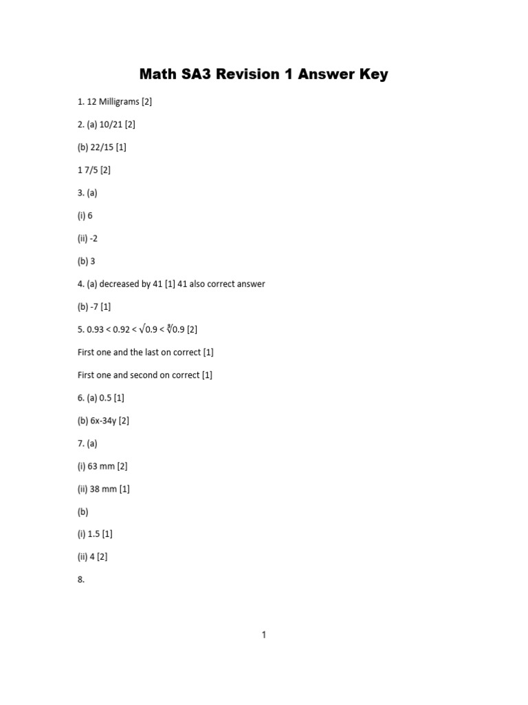 Math SA3 Revision 1 Answer Key | PDF