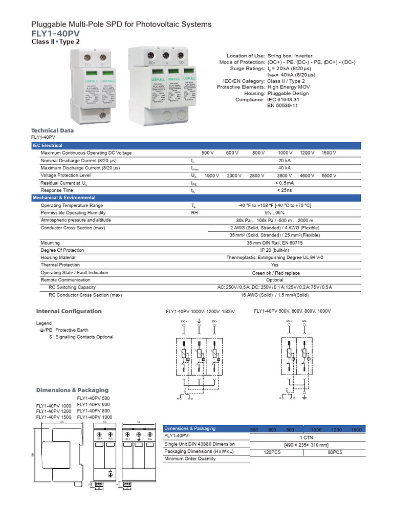 Fiche Technique PARAFOUDRE USFULL DC FLY1-40PV | PDF | Electrical ...