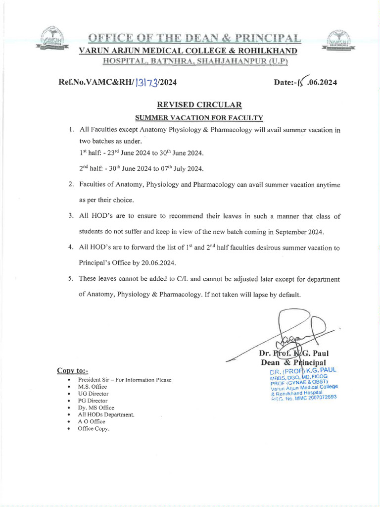 Summer Vacation for Faculty circular | PDF
