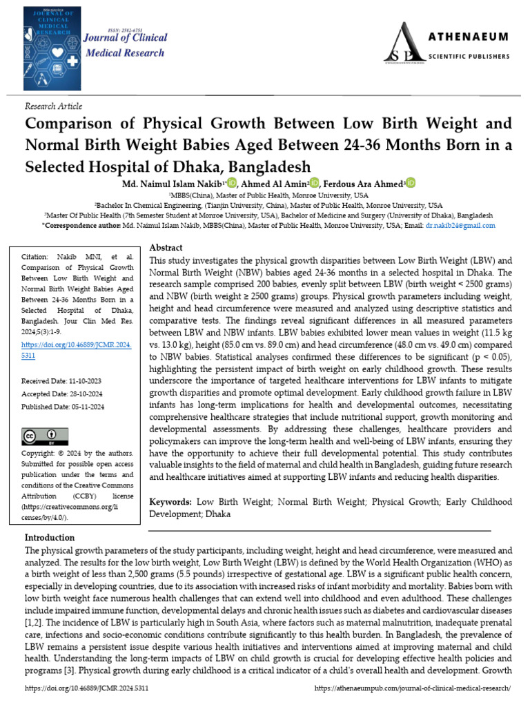 Comparison of Physical Growth Between Low Birth Weight and Normal Birth ...