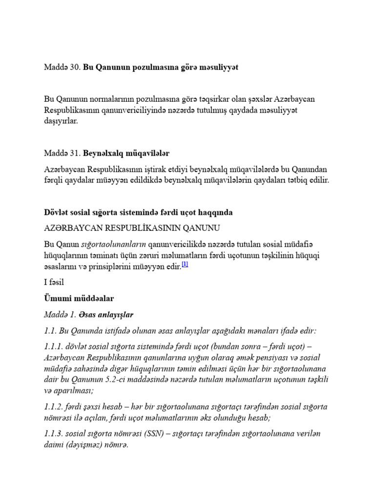 Dovlet Sosial Sigorta Ferdi Ucot Haqqinda Qanun | PDF