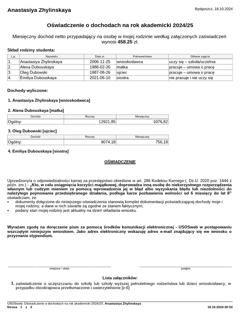 Oświadczenie o Dochodach 2024-10-18 | PDF