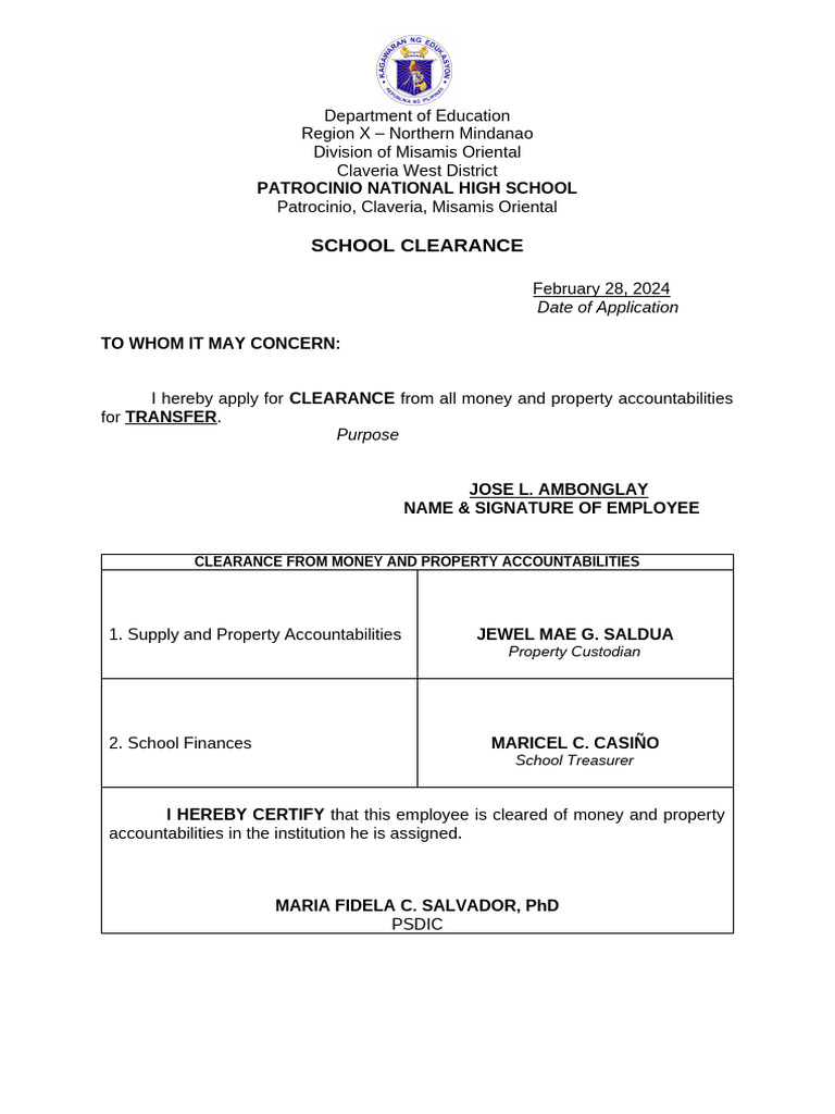 School Clearance Application Form | PDF