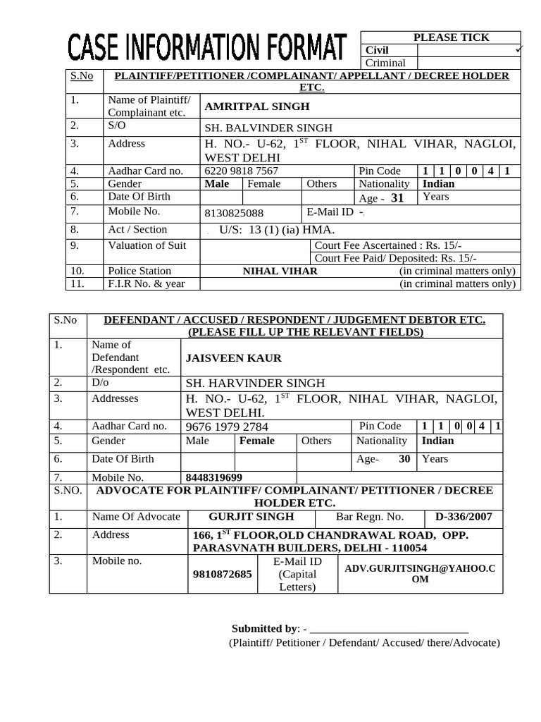 Case Information Format | PDF | Plaintiff | Defendant