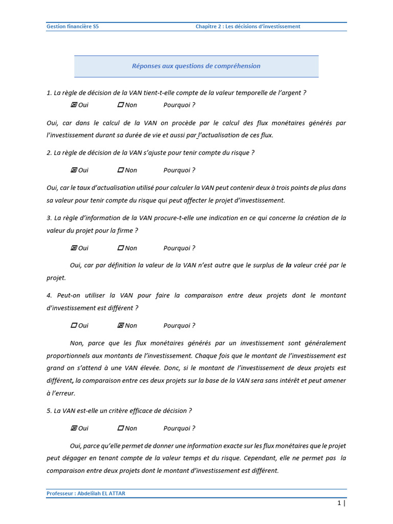 Reponses Aux Questions de Compréhension CHAP2 | PDF | Investir | Actualisation