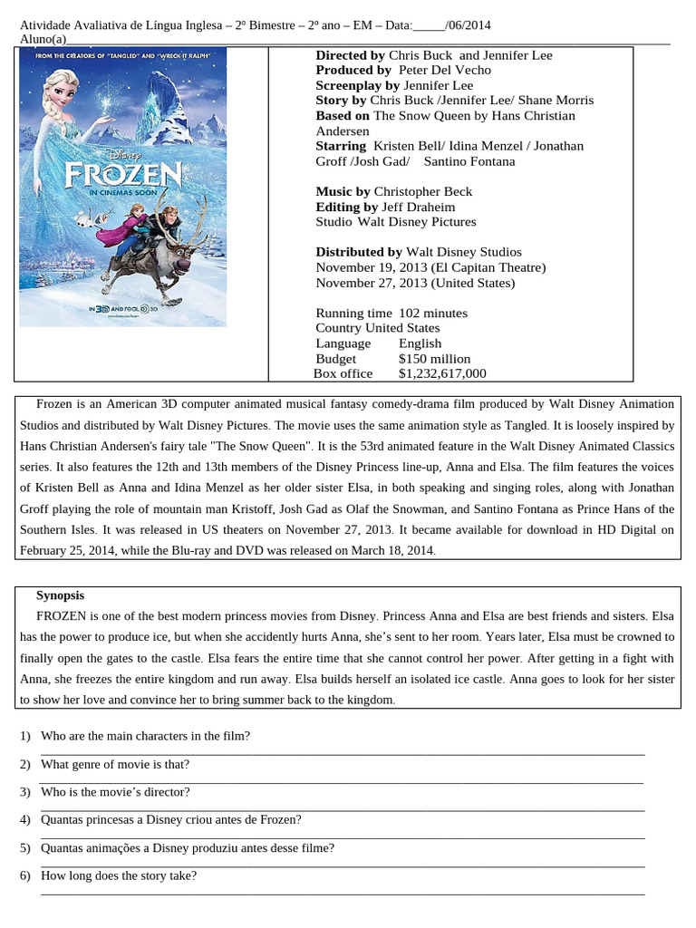 Frozen Movie English Assessment | PDF