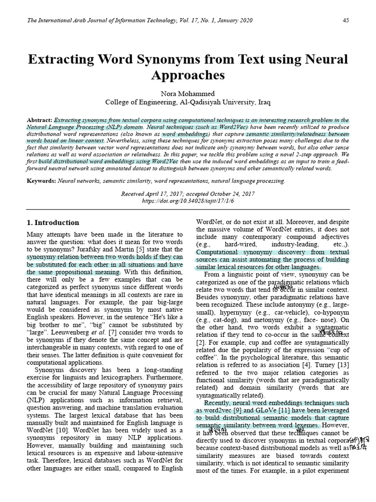 Extracting Word Synonyms From Text Using Neural Approaches | PDF ...