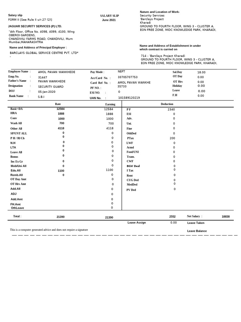 Payslip Security Guard Job | PDF | Payments