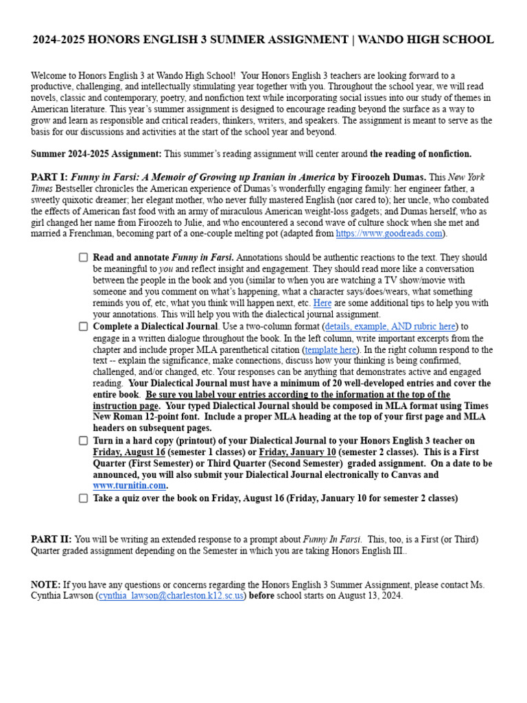 Honors English 3 Summer Reading | PDF