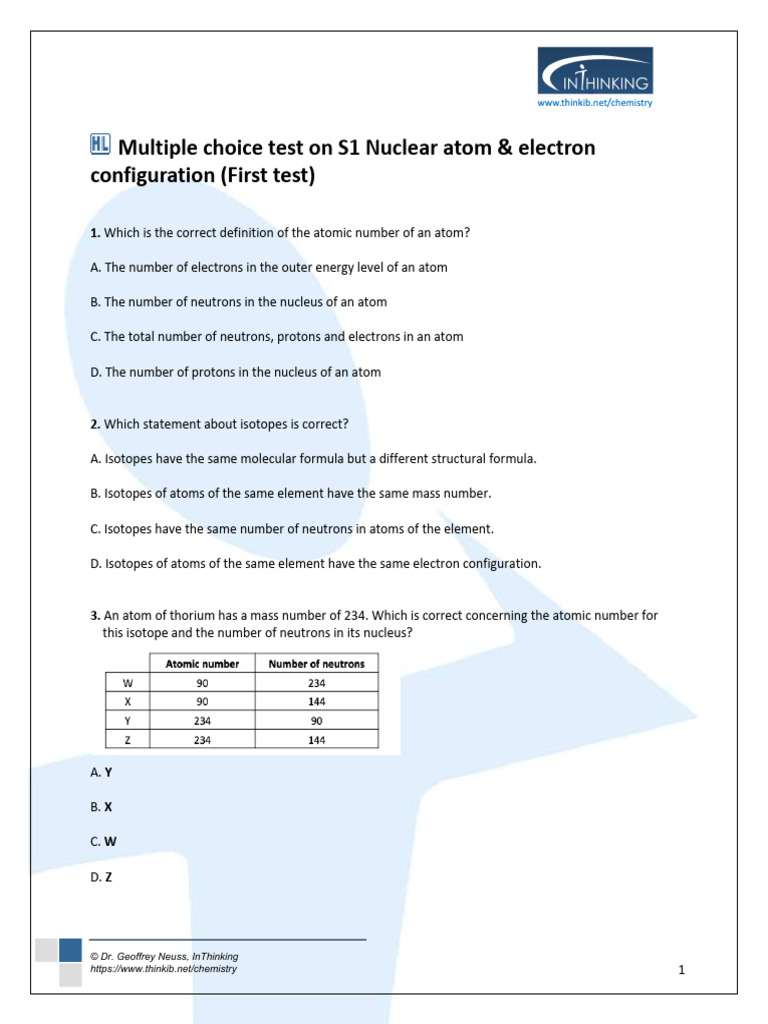 HL MC Test s1 Nuclear Atom - Electron Configuration (First Test) | PDF ...