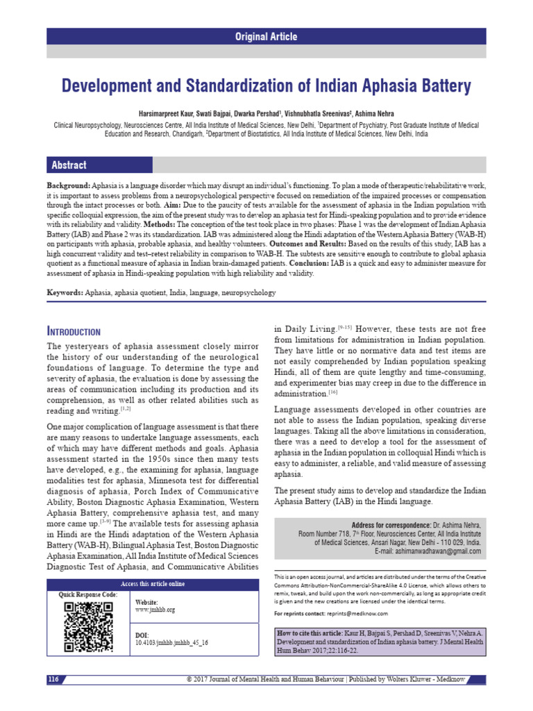 Development of Indian Aphasia Battery | PDF | Aphasia | Educational ...
