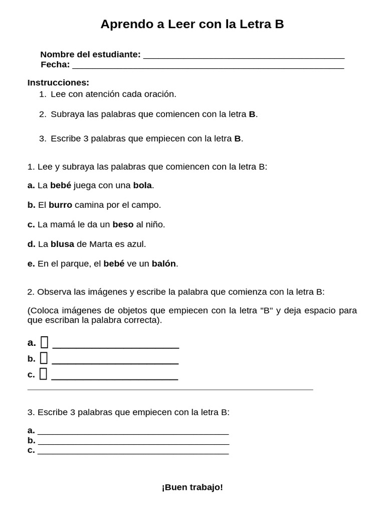 Ficha Com. Aprendo a leer con la letra B | PDF
