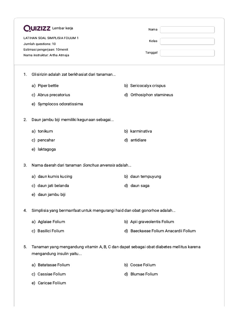 Latihan Soal Simplisia Folium | PDF | Sains & Matematika