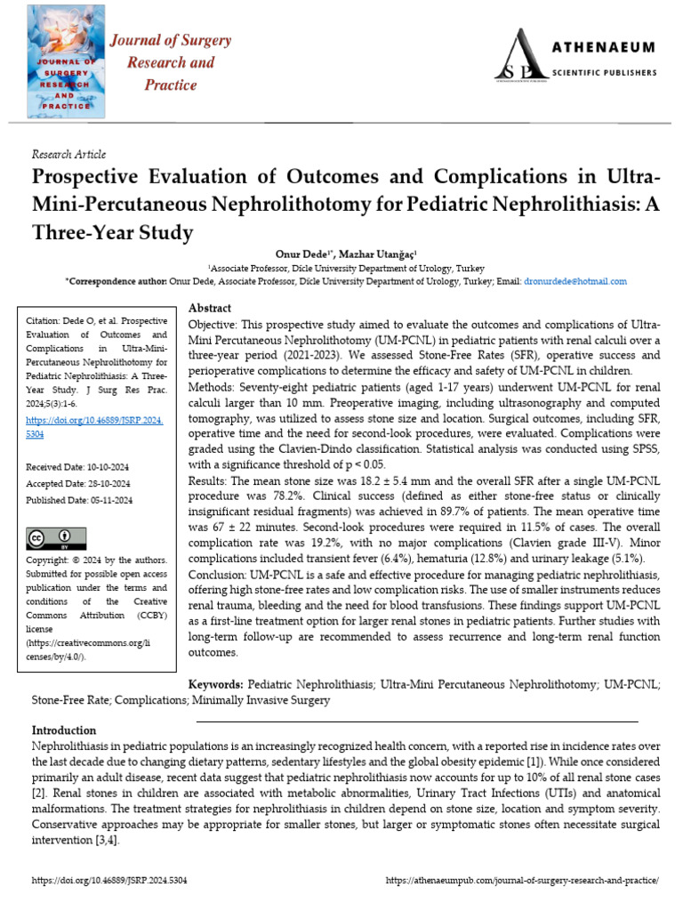 Prospective Evaluation of Outcomes and Complications in Ultra Mini Percutaneous Nephrolithotomy ...