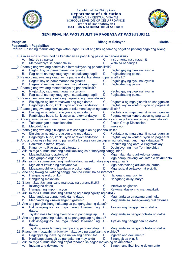 PAGBASA AT PAGSUSURI EXAM | PDF PAGBASA AT PAGSUSURI EXAM | PDF