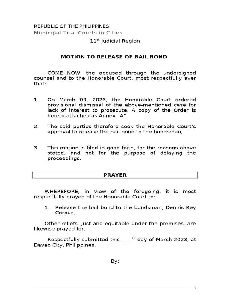 Motion To Release Bail | PDF | Finance & Money Management | Law