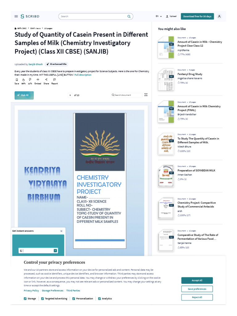 Study of Quantity of Casein Present in Di Erent Samples of Milk (Chemistry Investigatory Project ...