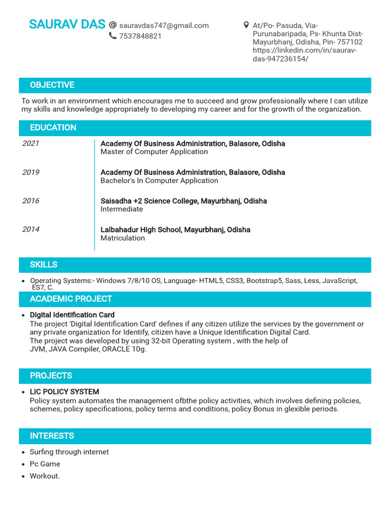 Saurav Das: Computer Science Resume | PDF | Business