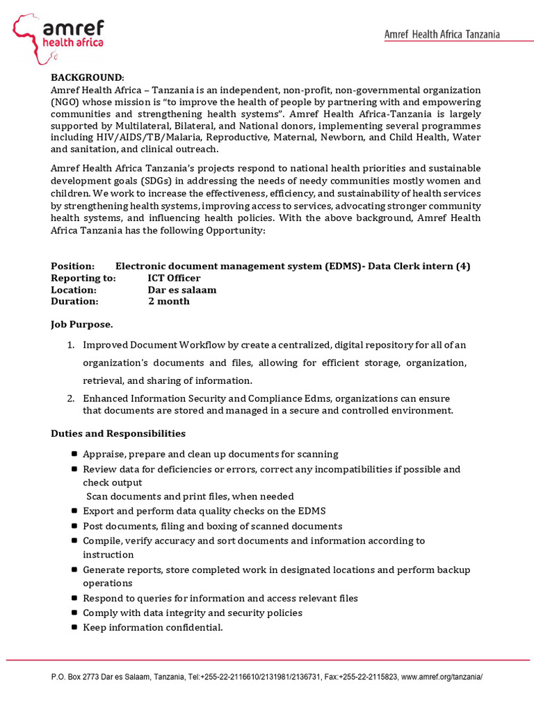 Data-Clerks-intern-JD-Revised- | PDF | Tanzania | Non Governmental Organization