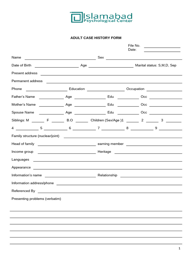 Adult Case History Form | PDF | Anxiety | Abnormal Psychology