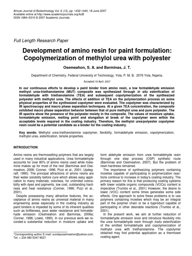 Development of Amino Resin For Paint Formulation | PDF | Polymers ...