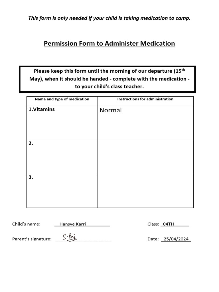 Medication Permission Form for Camp | PDF