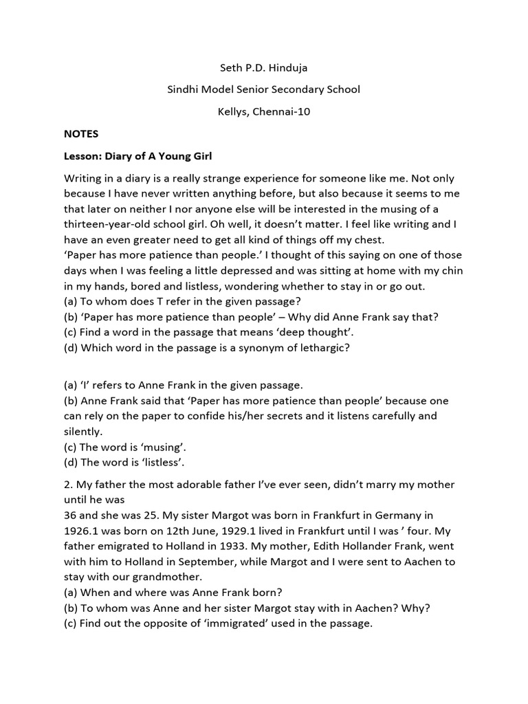 Notes Lesson: Diary of A Young Girl | PDF | Anne Frank