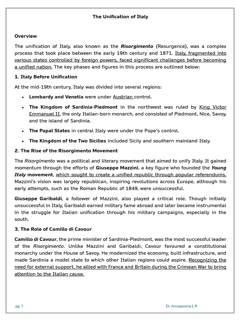Key Phases of Italian Unification | PDF | Italy | Kingdom Of Italy