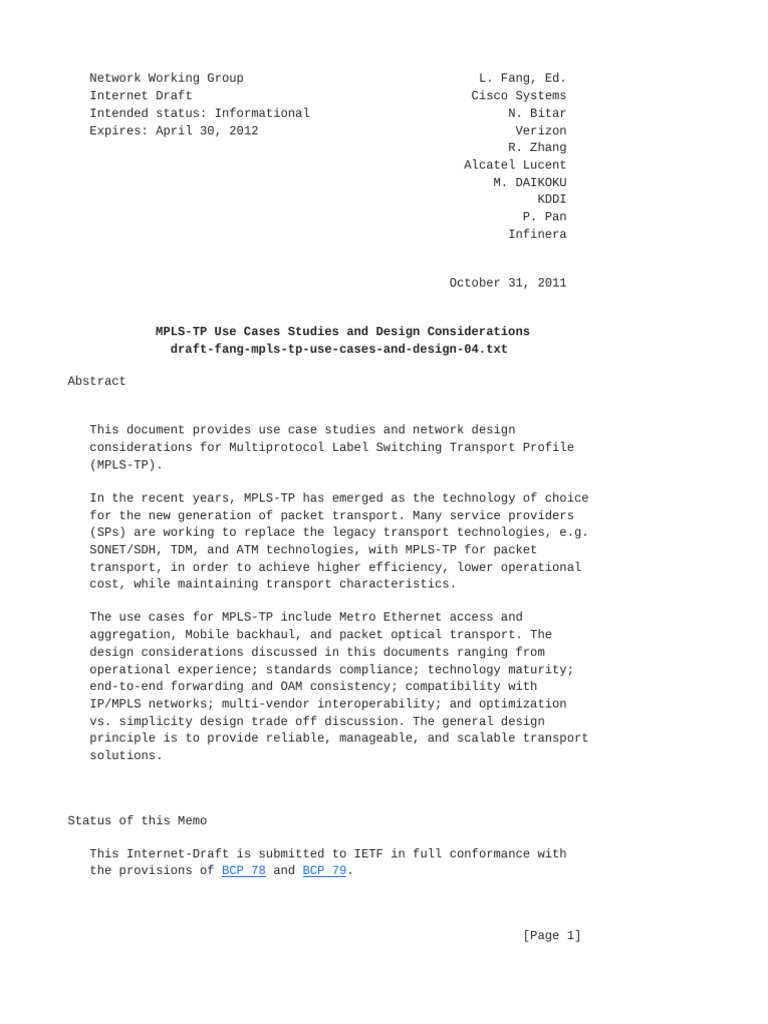 Draft Fang Mpls Tp Use Cases And Design 04 Pdf Networking Multiprotocol Label Switching