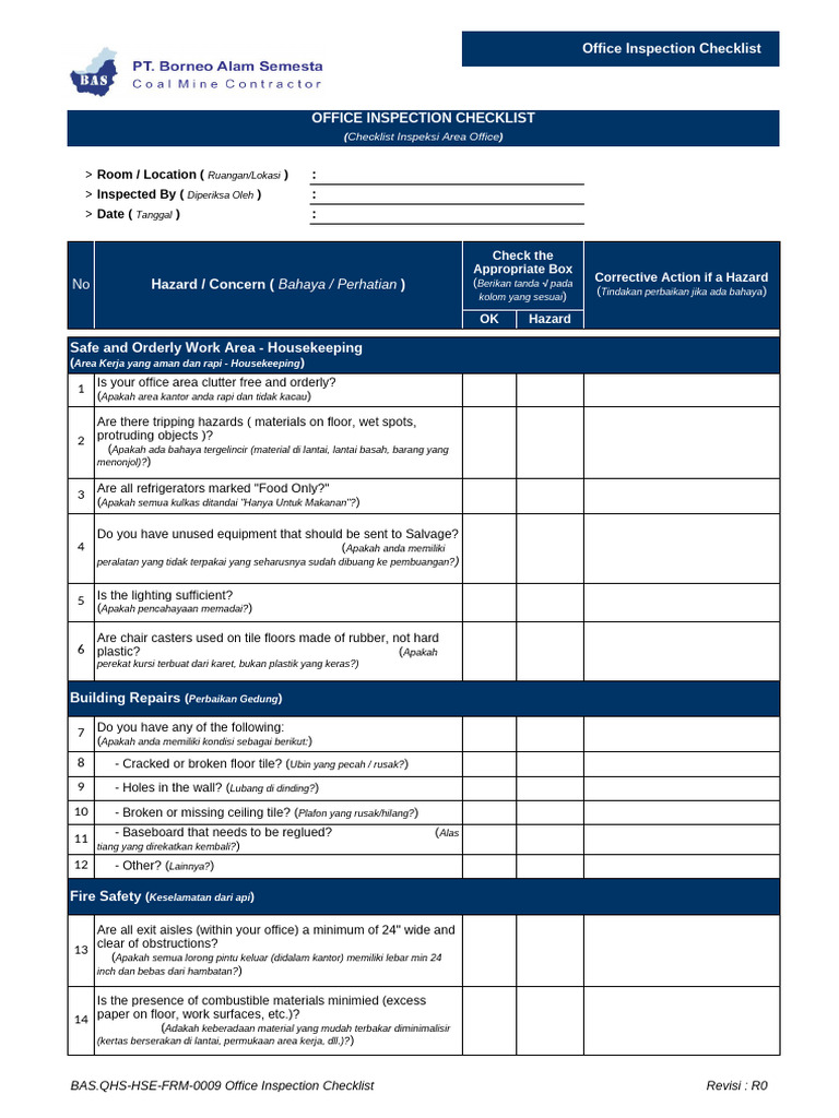 BAS.QHS-HSE-FRM-0009 Office Inspection CheckList | PDF BAS.QHS-HSE-FRM-0009 Office Inspection CheckList | PDF