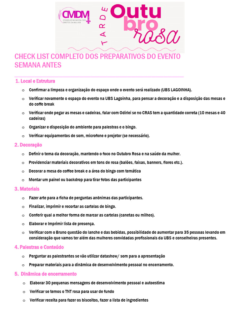 Checklist Completo para Evento Outubro Rosa | PDF | Carreira e Crescimento