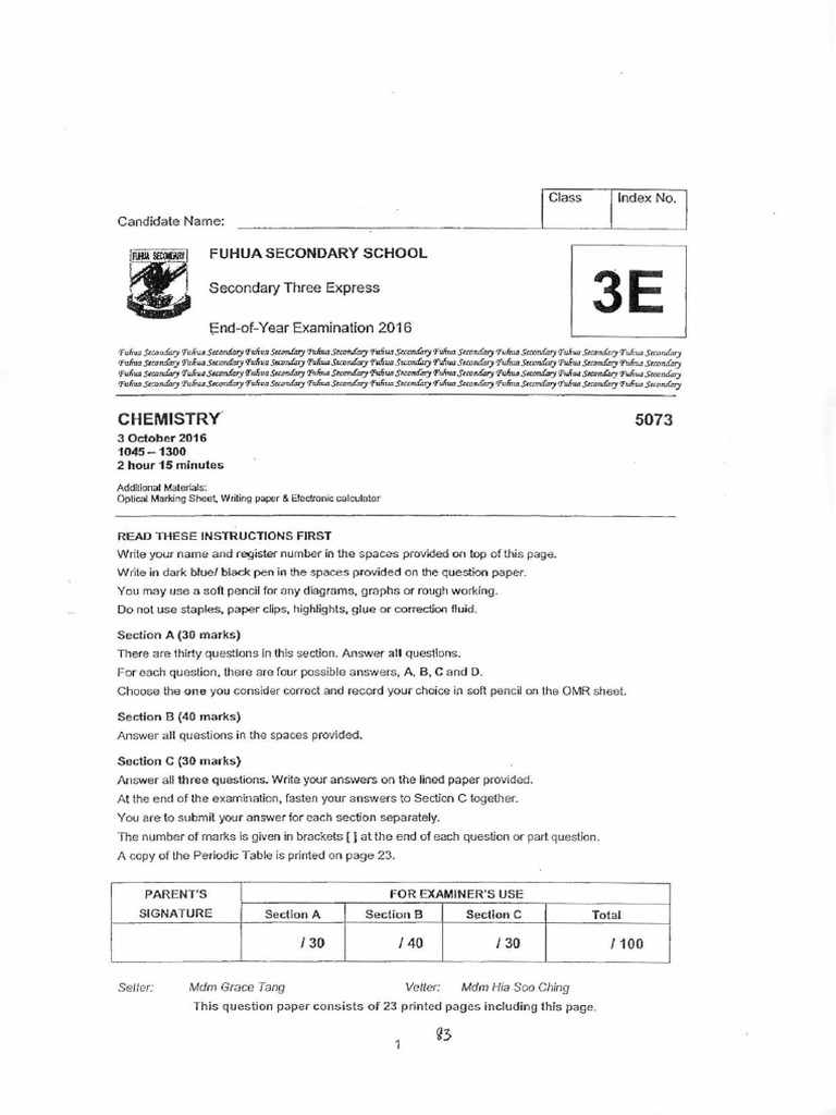 2016 Sec 3 Pure Chemistry SA2 Fuhua Secondary School | PDF