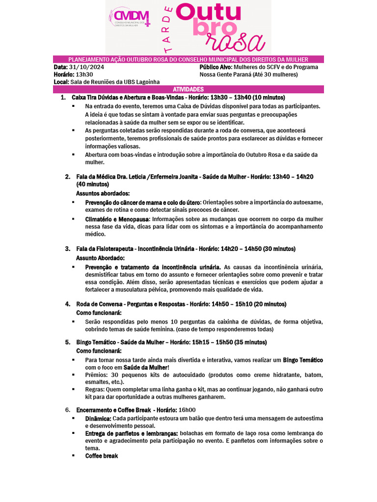 Planejamento Ação Outubro Rosa | PDF | Saúde feminina | Mulher
