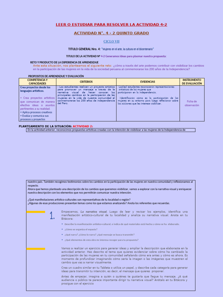 Actividad 4-2 5to. Grado para Resolver | PDF | Aprendizaje | Narrativa