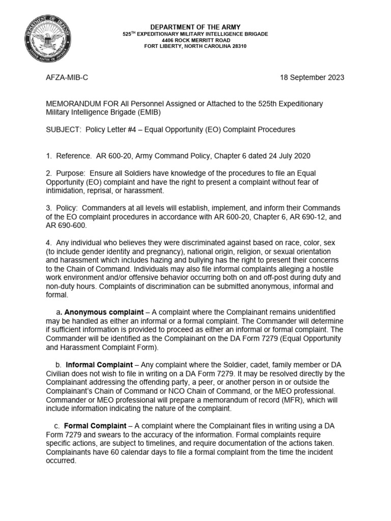 BDE Policy Letter 4 Equal Opportunity EO Complaint Procedures 18SEP23 ...