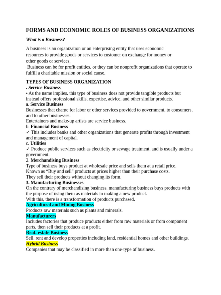 FORMS AND ECONOMIC ROLES OF BUSINESS ORGANIZATIONS | PDF | Partnership ...