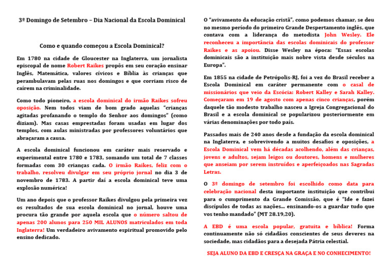 DIA NACIONAL DA EBD - RESUMO | PDF | Escola dominical | Famílias denominacionais cristãs