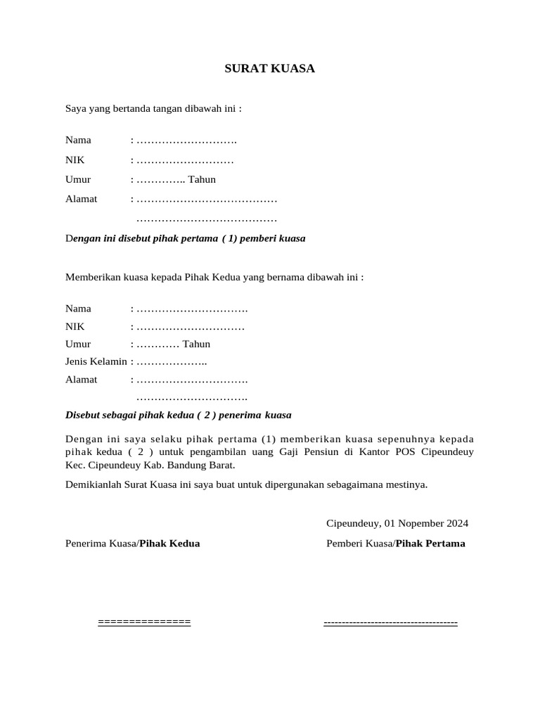 Contoh Surat Kuasa Doc | PDF