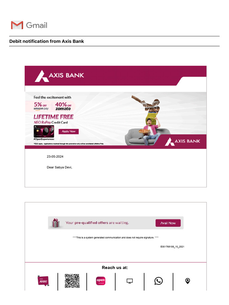 Debit Notification From Axis Bank | PDF