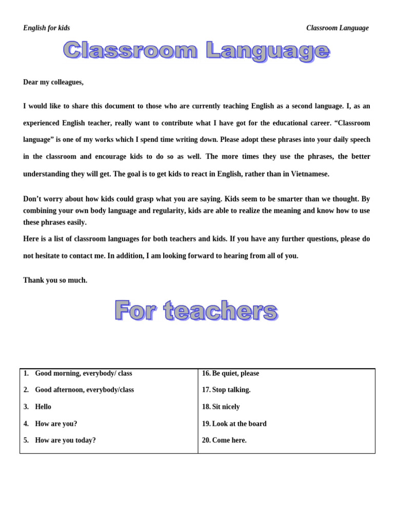 Classroom Language Teachers and Kids. | PDF | Classroom | English Language
