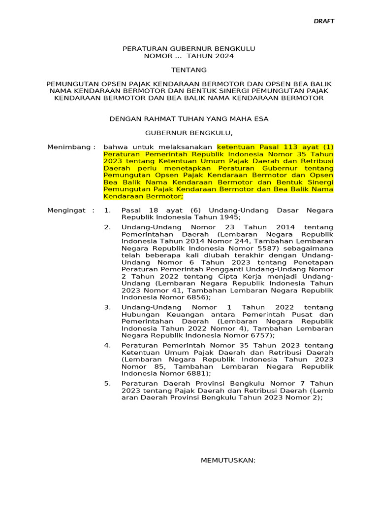 Draft Ranperpub Opsen PKB Dan BBNKB | PDF