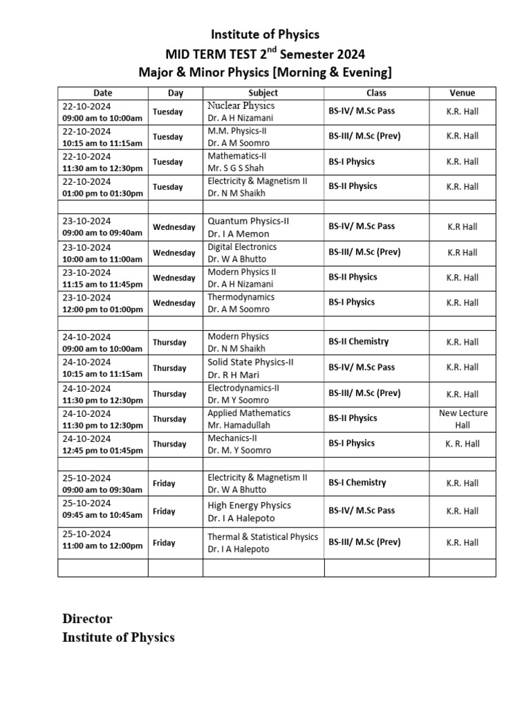 Revised Mid Term Time Table 2024 | PDF | Physics | Electromagnetism