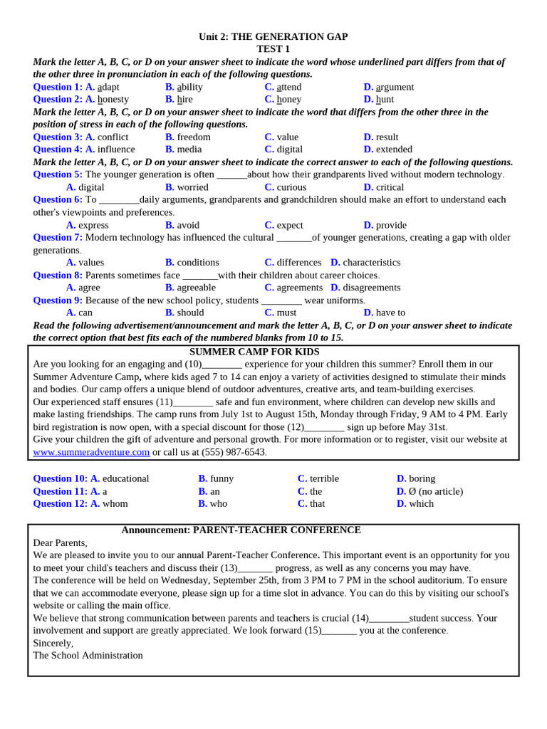Unit 2 Generation Gap Form 2025 | PDF | Sleep | Mental Health