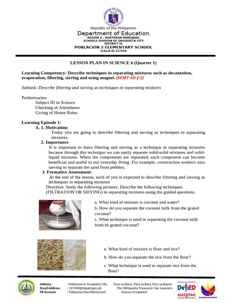 science 6 Lesson Plan COT 1-observation | PDF | Filtration